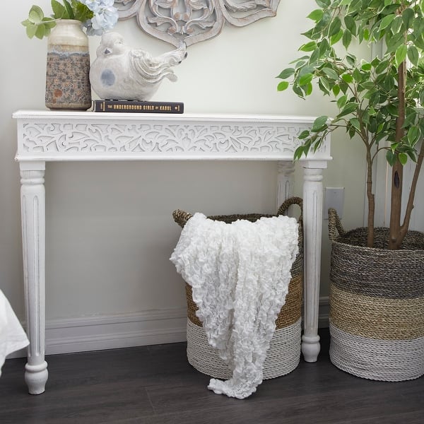 White Wood Intricately Carved Slim Scroll Console Table with Turned ...