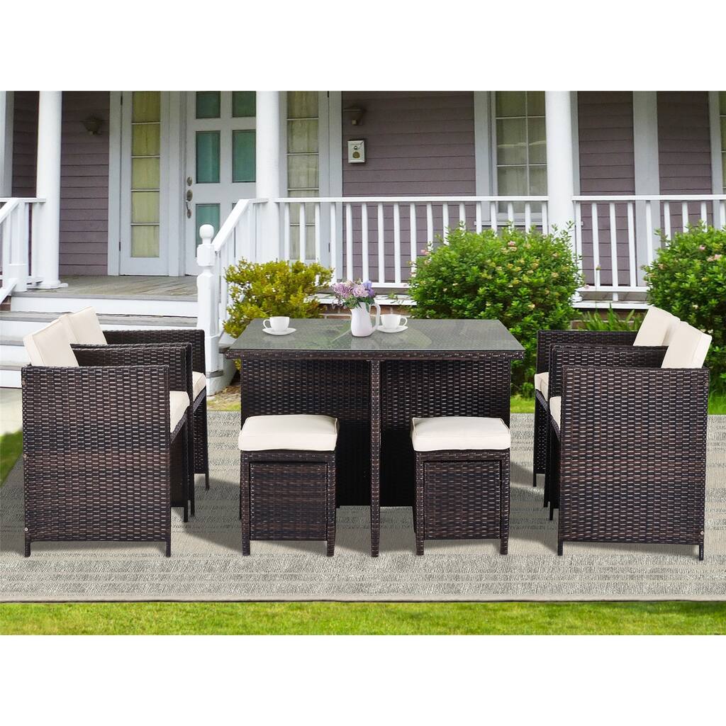 9 Piece Rattan Conversation Set with Cushions - Overstock - 33322593