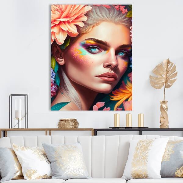 Designart 'Floral Sensual Woman Portrait VII' Contemporary Glam Canvas ...
