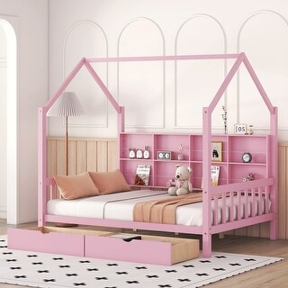 Wooden Full Size House Bed with 2 Drawers,Kids Bed with Storage Shelf ...
