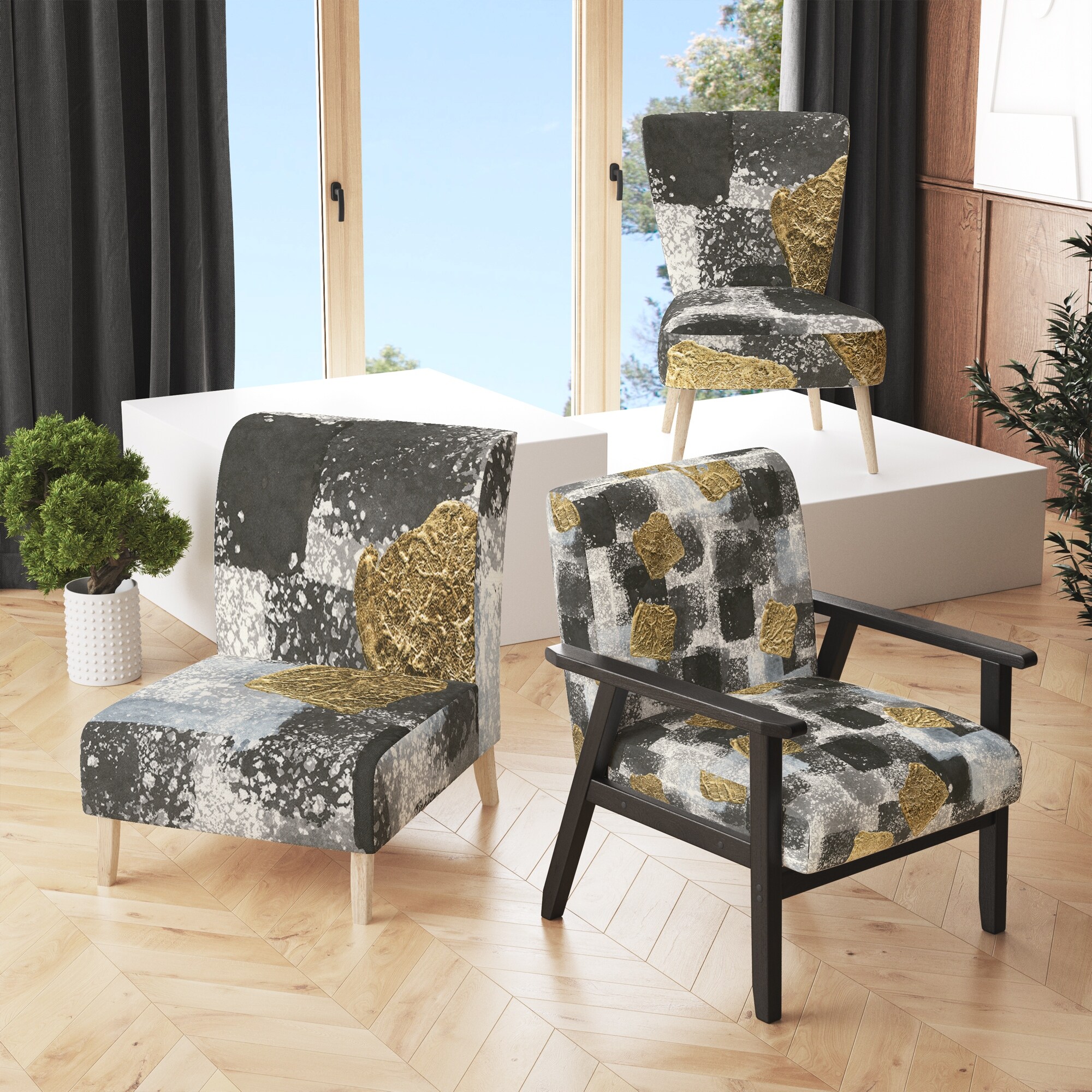 Designart "Gold Glamour Squares I" Upholstered Modern Accent Chair ...