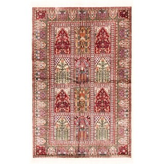 ECARPETGALLERY Hand-knotted Kashmir Burgundy, Cream Silk Rug - 4'0 x 6 ...