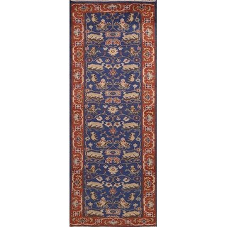 Hunting Design Blue Kazak Oriental Runner Rug Hand-Knotted Wool Carpet ...