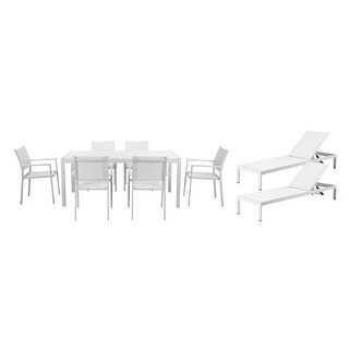 Kris 9 Piece Patio Dining and Lounge Set, White Textilene Seating ...