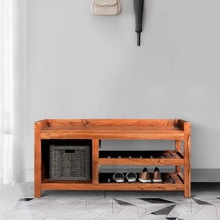 36 Inch Handcrafted Entryway Acacia Wood Bench Two Slatted Shelves One ...