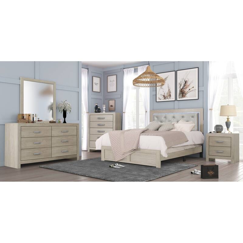 Bernard 5 Piece Cream LED Faux Leather Upholstered Tufted Panel Bedroom ...
