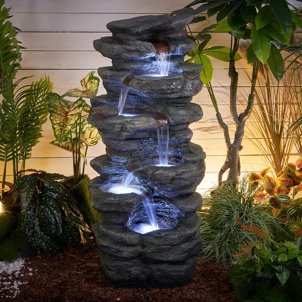 Outdoor Freestanding Fountains Rock Waterfall Fountain w/LED Lights ...