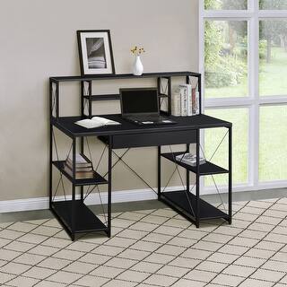 Black Studio Desk Computer Desks with Drawer and Open Compartments ...