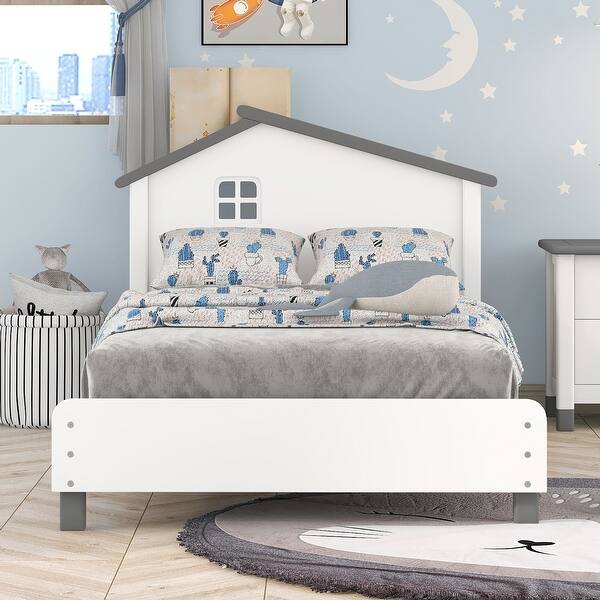 Twin Size Wood Platform Bed with House-shaped Headboard, White/ Grey ...