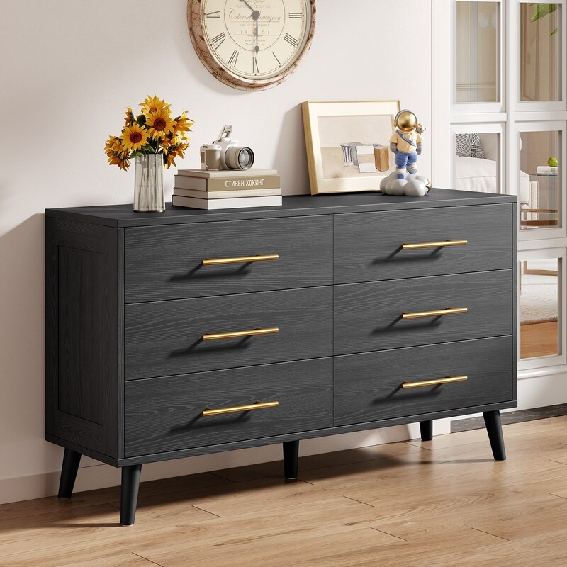Wood 6 Drawer Double Dresser Chest Of Drawers Cabinet TV Stand for Bedroom Livingroom and Enterway Black