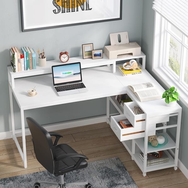 L Shaped Desk with Drawer, Home Office Corner Desk with Storage Shelves ...