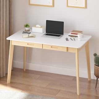 Timechee White Wooden Computer Desk, 47" Writing Desk with 2 Drawers ...