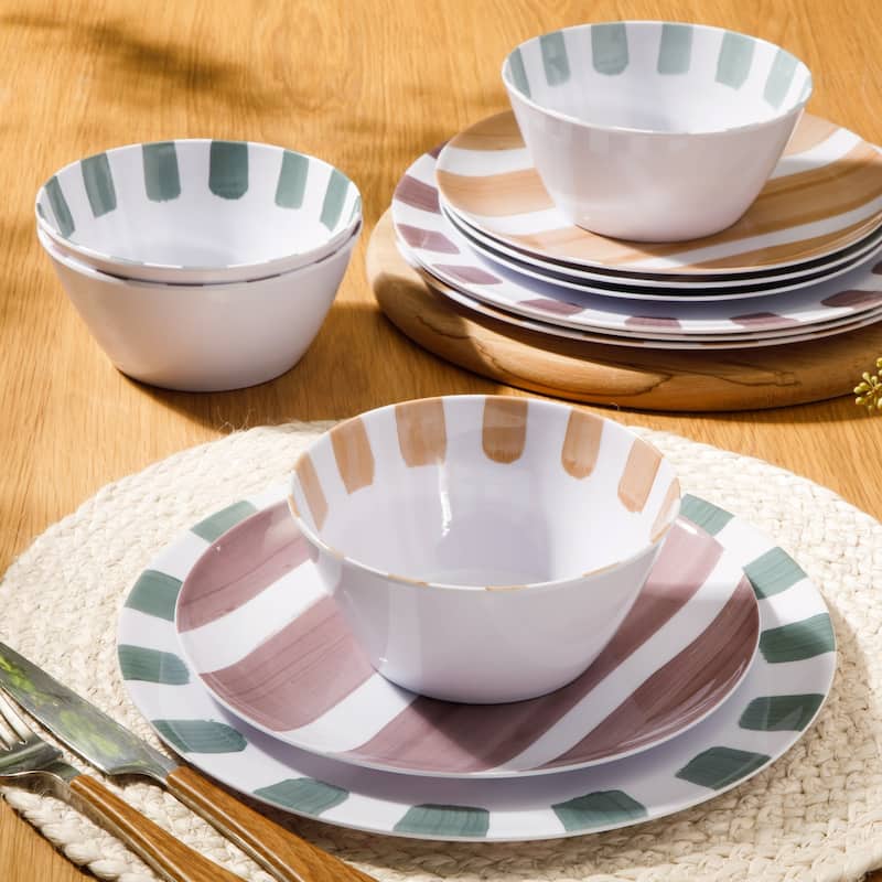 Gibson Home Cottage Stripes 12 Piece Unbreakable Melamine Plates and ...