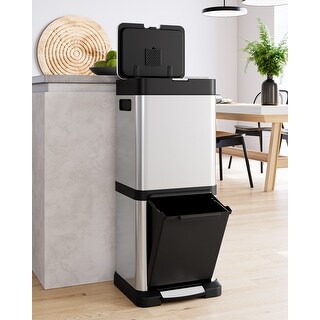 9-Gallon 3-Bucket Kitchen Trash Can with Lid in Stainless Steel - Bed ...