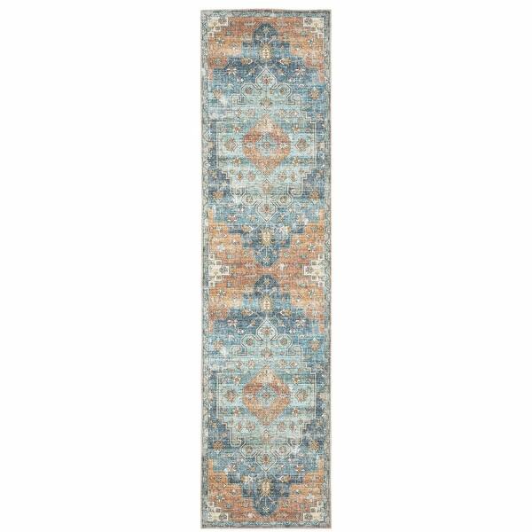 2' X 8' Orange Blue Teal Green And Beige Oriental Power Loom Stain ...