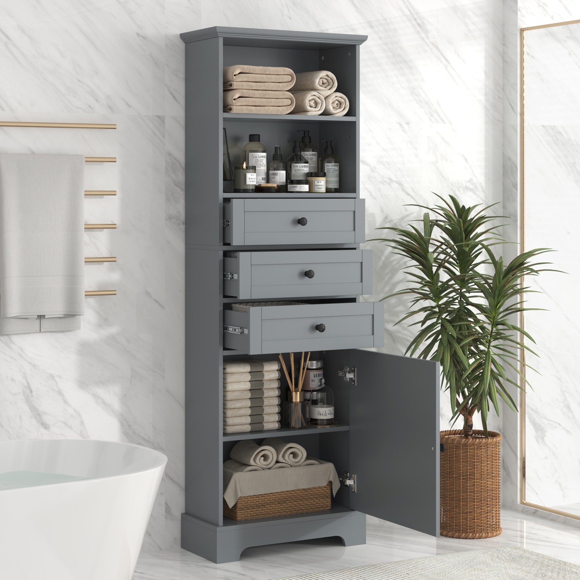 Gray Tall Storage Cabinet with 3 Drawers and Adjustable Shelves for Bathroom MDF Board with Painted Finish Grey