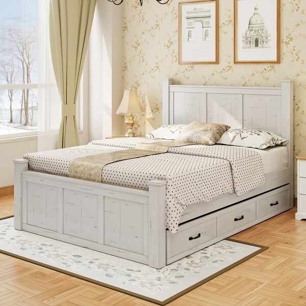 Farmhouse Style Wood Four Square Poster Bed with Three Storage Drawers King size White