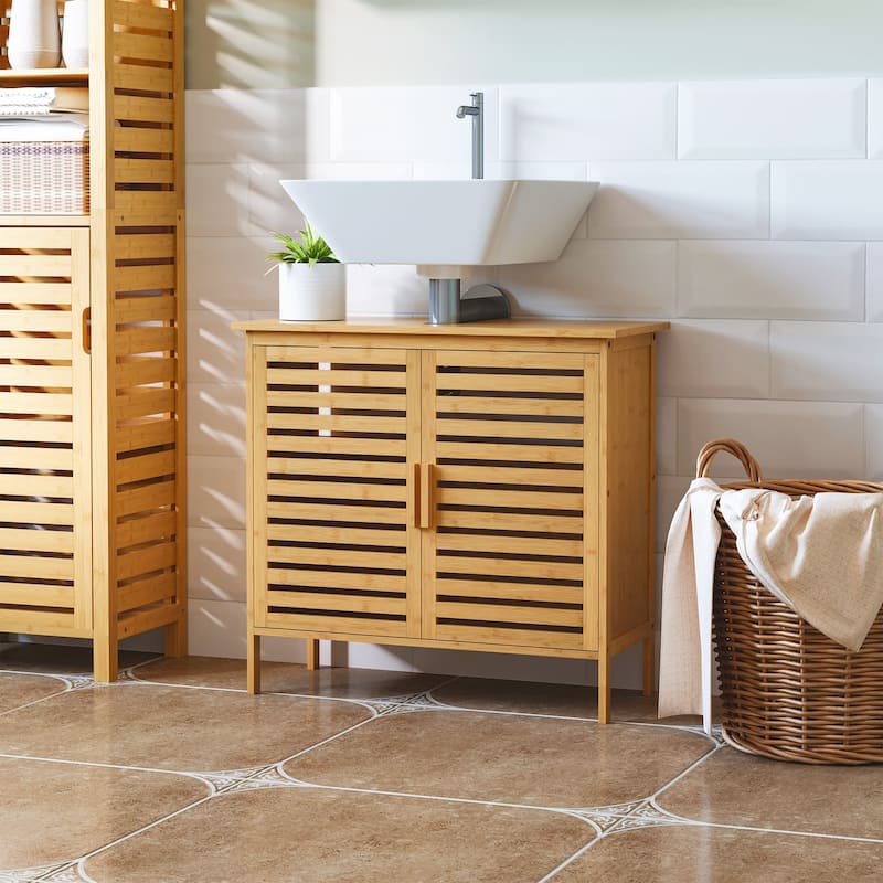 Bamboo Under Sink Cabinet with 2 Slatted Doors, Freestanding Bathroom ...