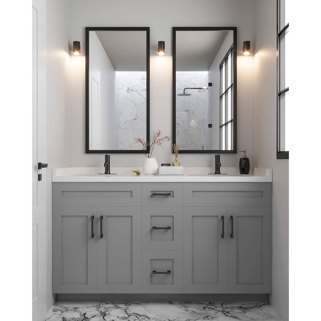 Nelson Cabinetry 60" Gray Shaker Wood Double Bathroom Vanity with Soft ...