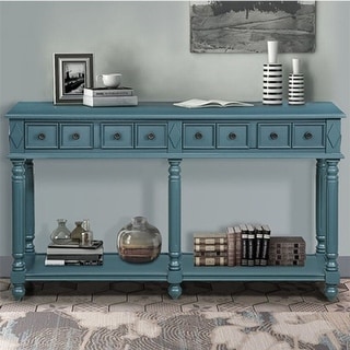 Dark blue console table solid wood entryway table 2 drawers sofa table ...