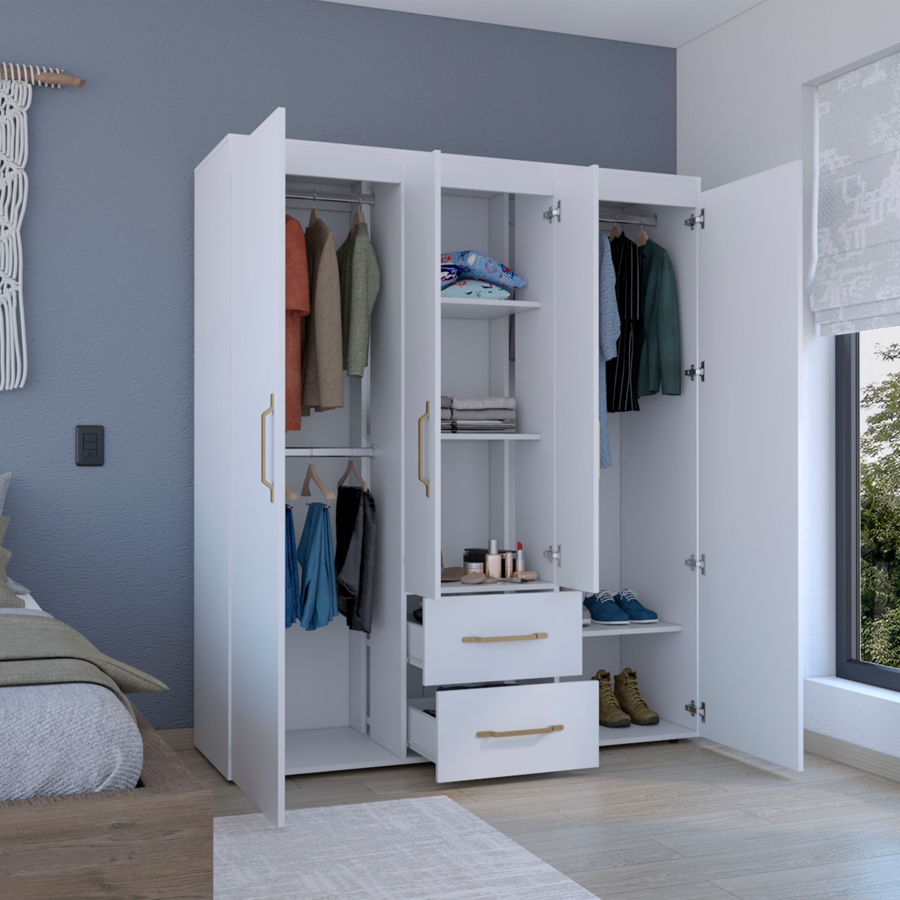 Large Particle Board Armoire with Drawer and Hanging Rods 4 Doors Storage Wardrobe with Versatile Shelves Metal Handles Bed Bath Beyond 41059646