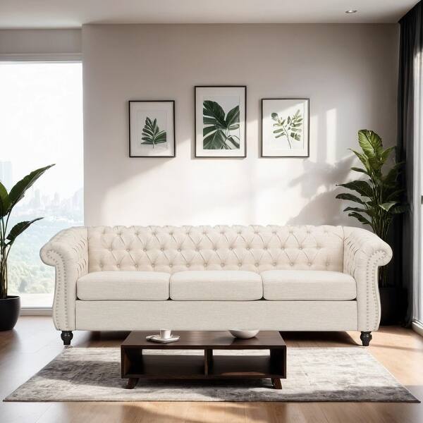 Chesterfield 3-Seater Sofa with Deep Button Tufting, Scrolled Arms, and ...