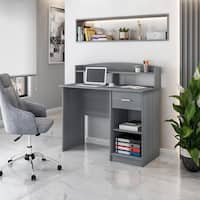 Grey Modern Office Desk with Hutch Storage Shelves Drawers - Bed Bath ...