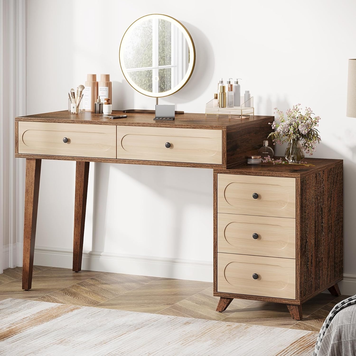 Tribesigns Modern Makeup Vanity Table Dressing Table Set with 5 Drawers Without Mirror Stool