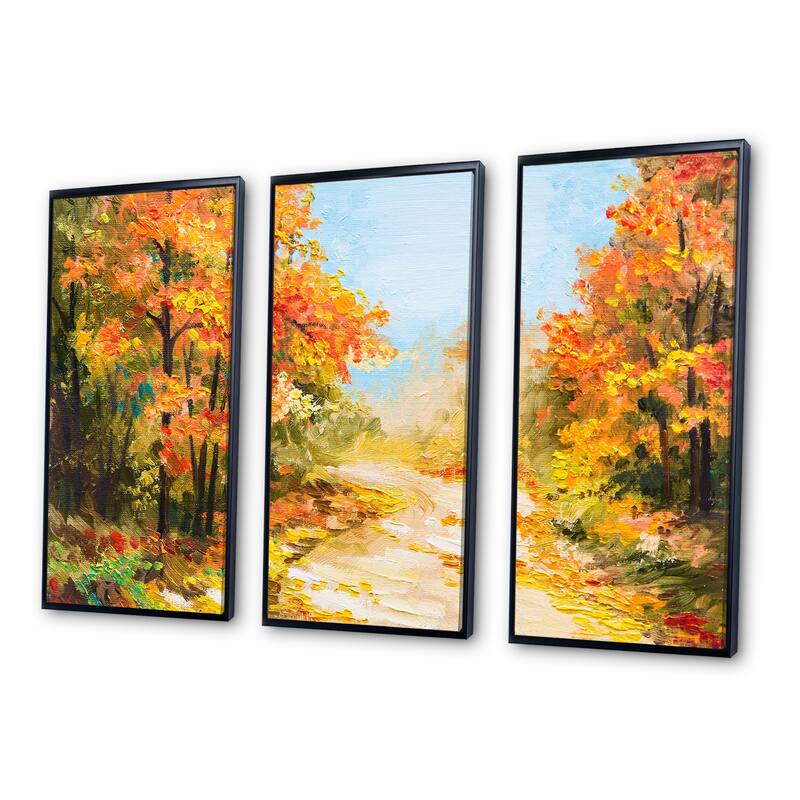 Designart "Path in Autumn Forest" Landscape Framed Wall Decor Set of 3 ...