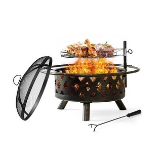 Wood-burning Swivel Heating & BBQ Fire Pit with Mesh Cover Fire Poker ...