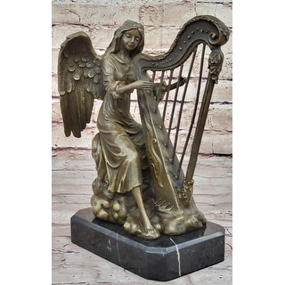 Winged Female Angel Playing Heavenly Harp - Bronze Memorial Sculpture ...
