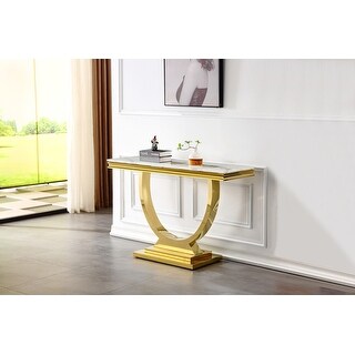 White+Gold 47.24" Modern Marble Console Table with Mirrored U-Shape ...