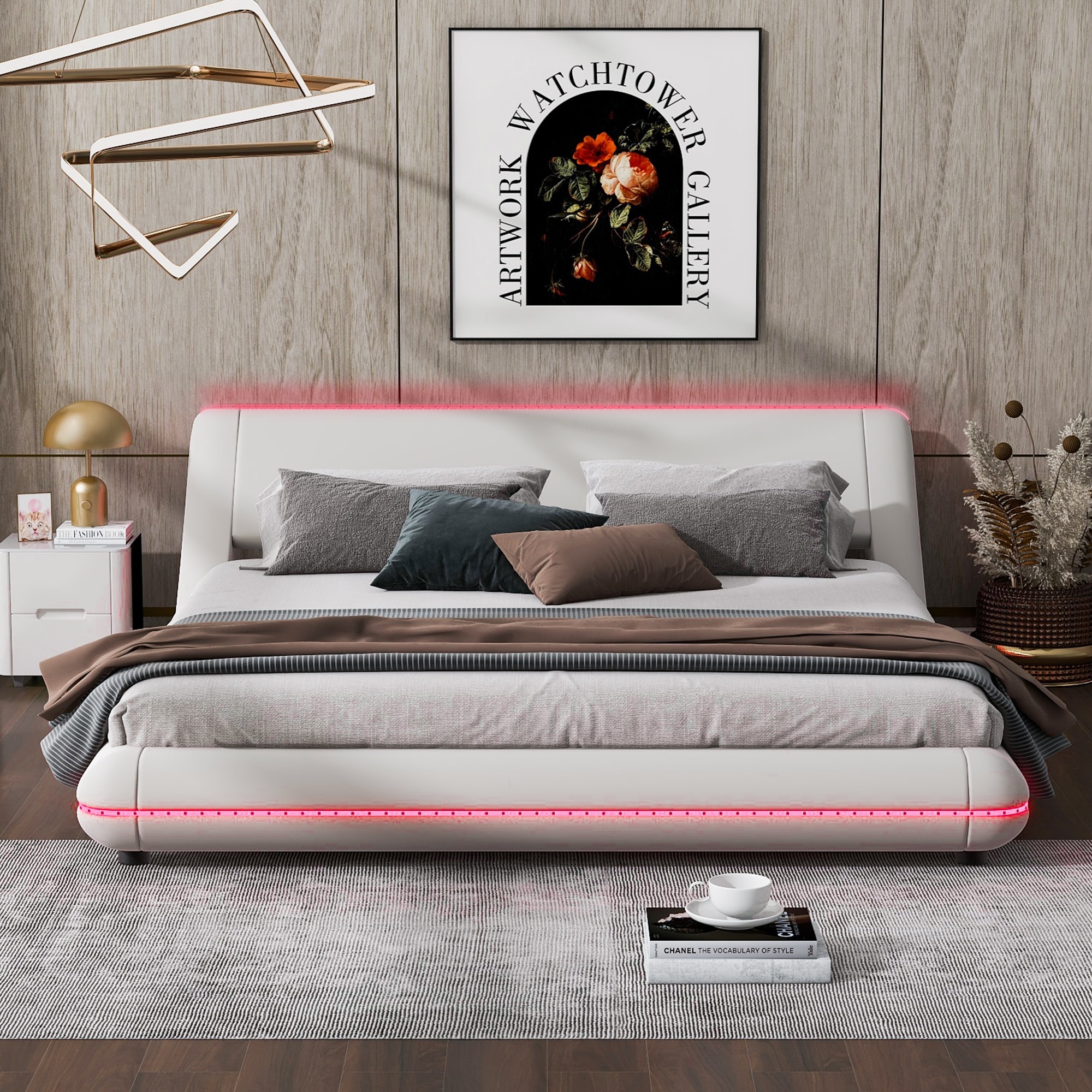 Queen/Full Size Floating Bed Frame, Upholstered Platform LED Bed w/USB ...