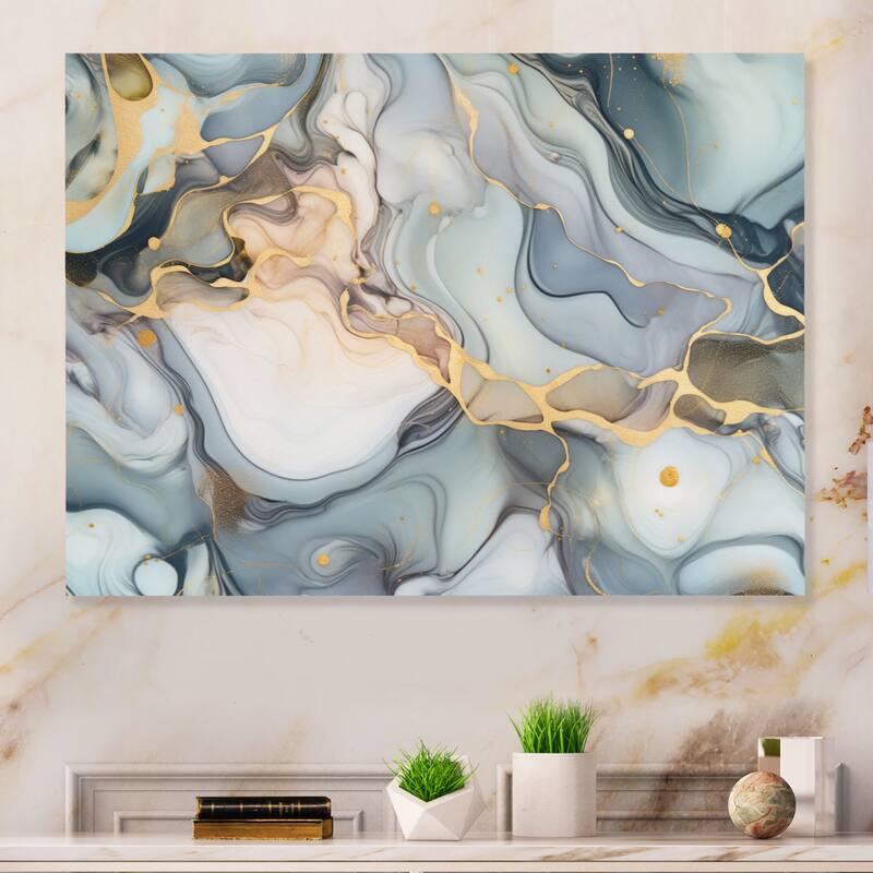 Designart "Grey and Gold Tender Liquid Ink Art" Fractals Large Metal ...