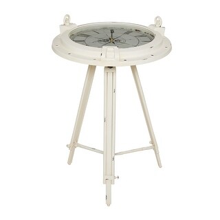 Metal Compass Accent Table with Clock and Clear Glass Top - White or ...