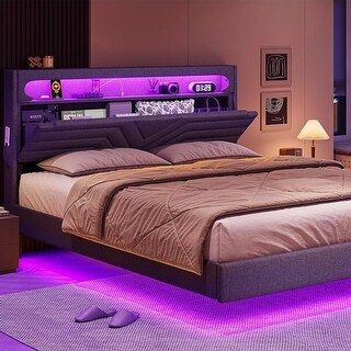 Floating Bed Frame Full Size RGB LED Lights Linen Upholstered - Bed ...