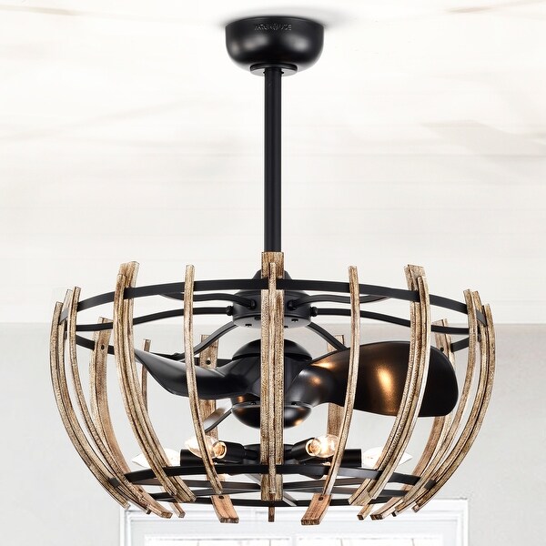 Adele 25-inch Matte Black and Faux Wood Grain 6 Lights 3 Blades Lighted ...