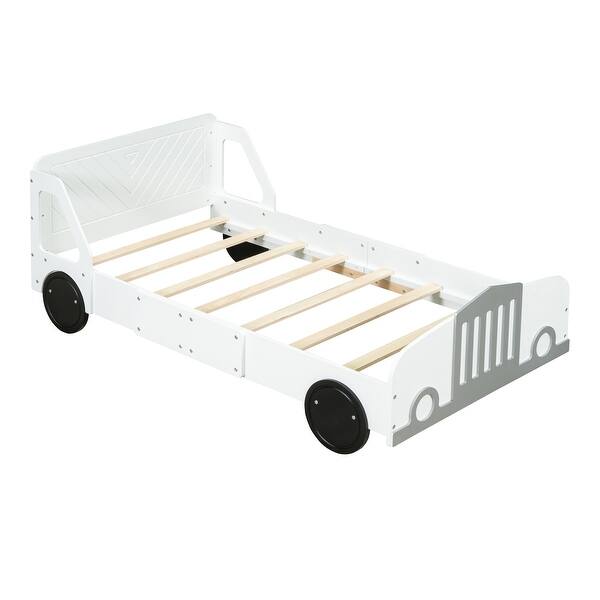 White Kids Beds Twin Size Car-Shaped Platform Bed Frame with Wheels ...