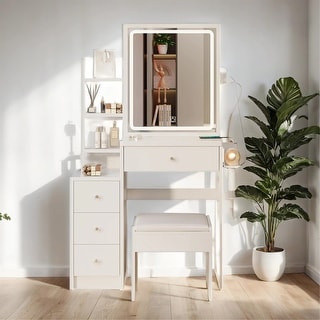 Adjustabl Touch Control LED Mirror Vanity Table w/ Stool&Power Station ...