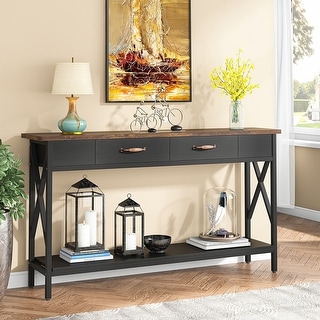 Modern Console Table 2 Drawers Long Narrow Table Storage Shelves Black ...