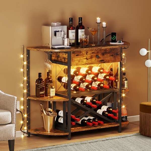5 Tiers Corner Bar Cabinet Wine Rack Display Shelves with LED Lights ...