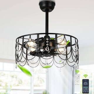 CurveCurio 20" Matte Black Antique Metal Caged Ceiling Fan with Crystal ...