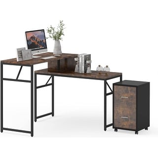 Reversible L Shaped Desk with 2 Drawer File Cabinet, Rotating 360° Sit ...