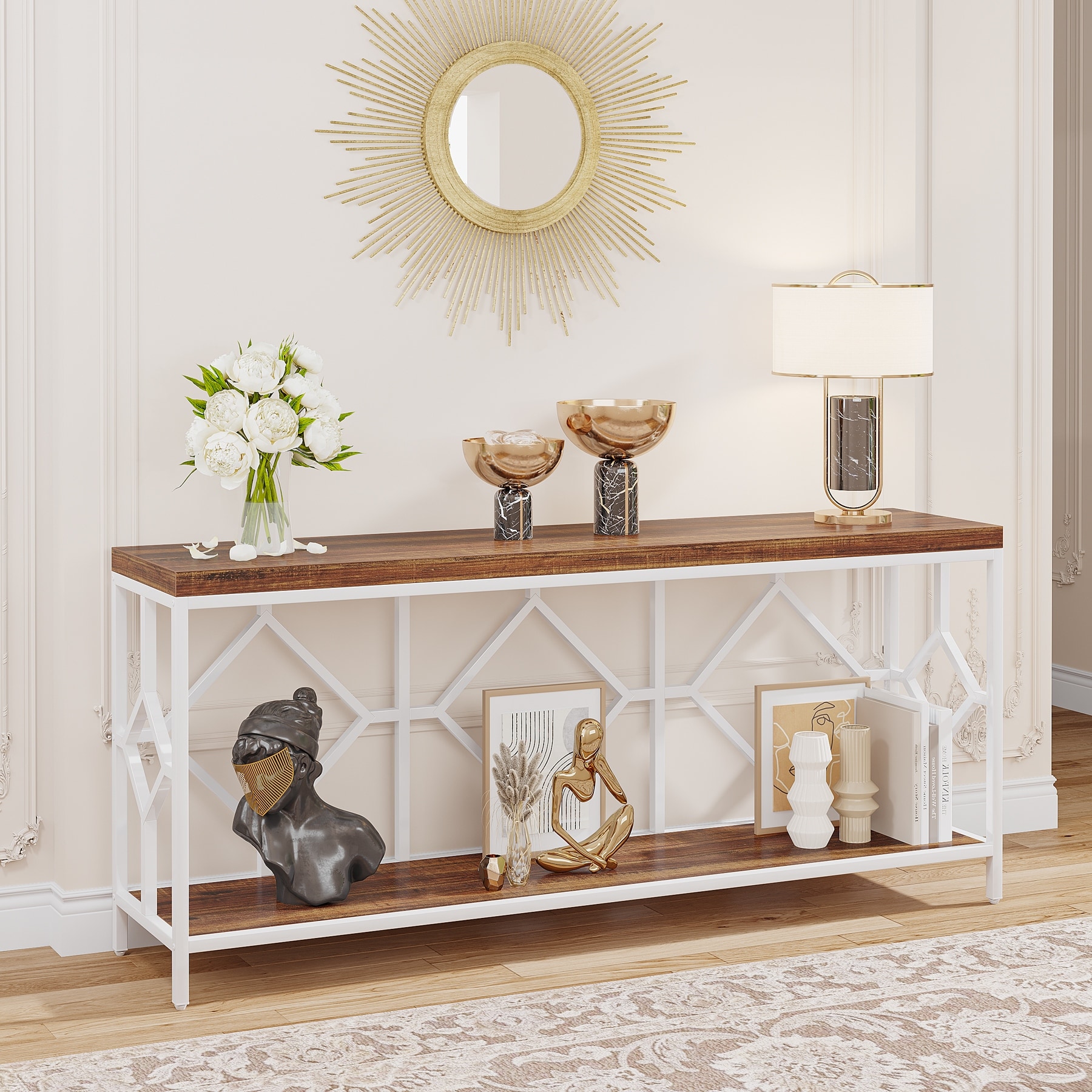 71 Inches Extra Long Console Table Sofa Table with Open Storage Shelf Narrow Long Sofa Tables Entry Table Behind Couch Table White Gold