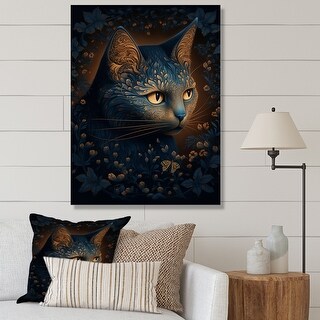 Designart "Retro Blue Cat Amidst Flowers I" Animals Cat Canvas Wall Art ...