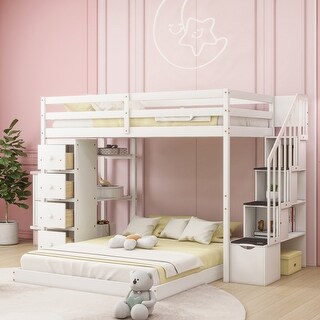 Twin Over Full White Bunk Bed with 3-layer Shelves, Drawers and Storage Stairs - Bed Bath ...