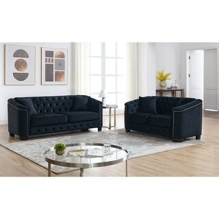 Black Modern Velvet Sofa Set with Pillows (3 Seater + Loveseat) - Bed ...