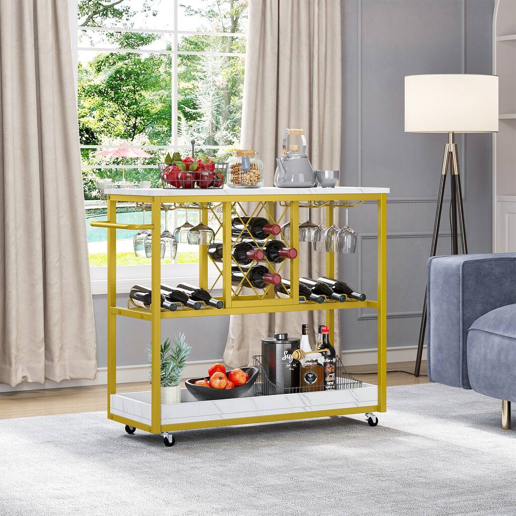 Kleio Gold Marble Kitchen Bar Cart with Wine Rack and Glasses Holder ...