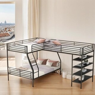 Stylish & Simple L-Shaped Metal Twin over Full Bunk Bed and Twin Size ...