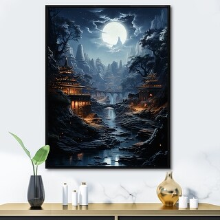 Designart "Moonlit Cliffside Mistery Landscape I" Moon Blue Wall Decor ...